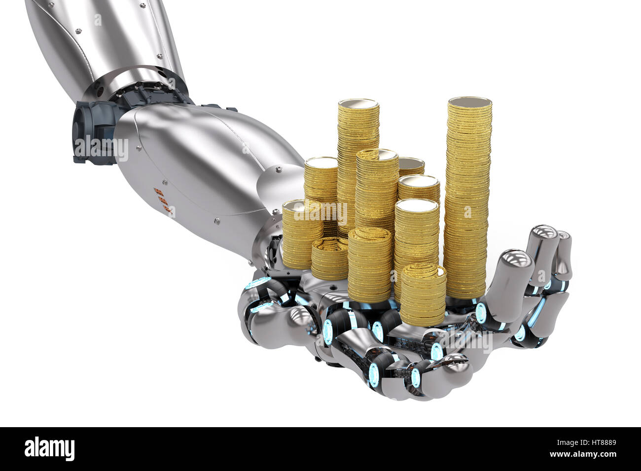 3d rendering robotic hand holding gold coins Stock Photo - Alamy
