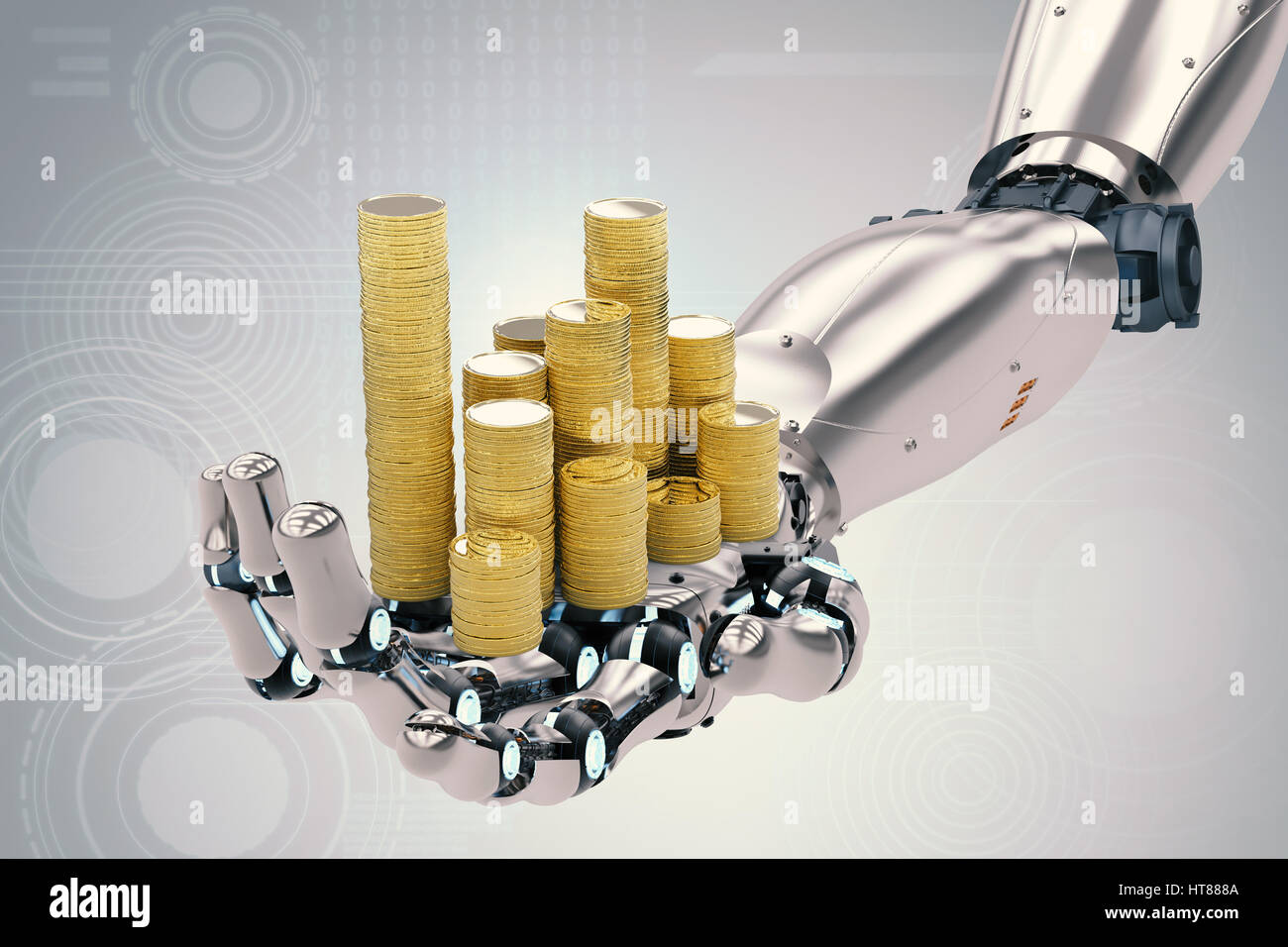 3d rendering robotic hand holding gold coins Stock Photo - Alamy