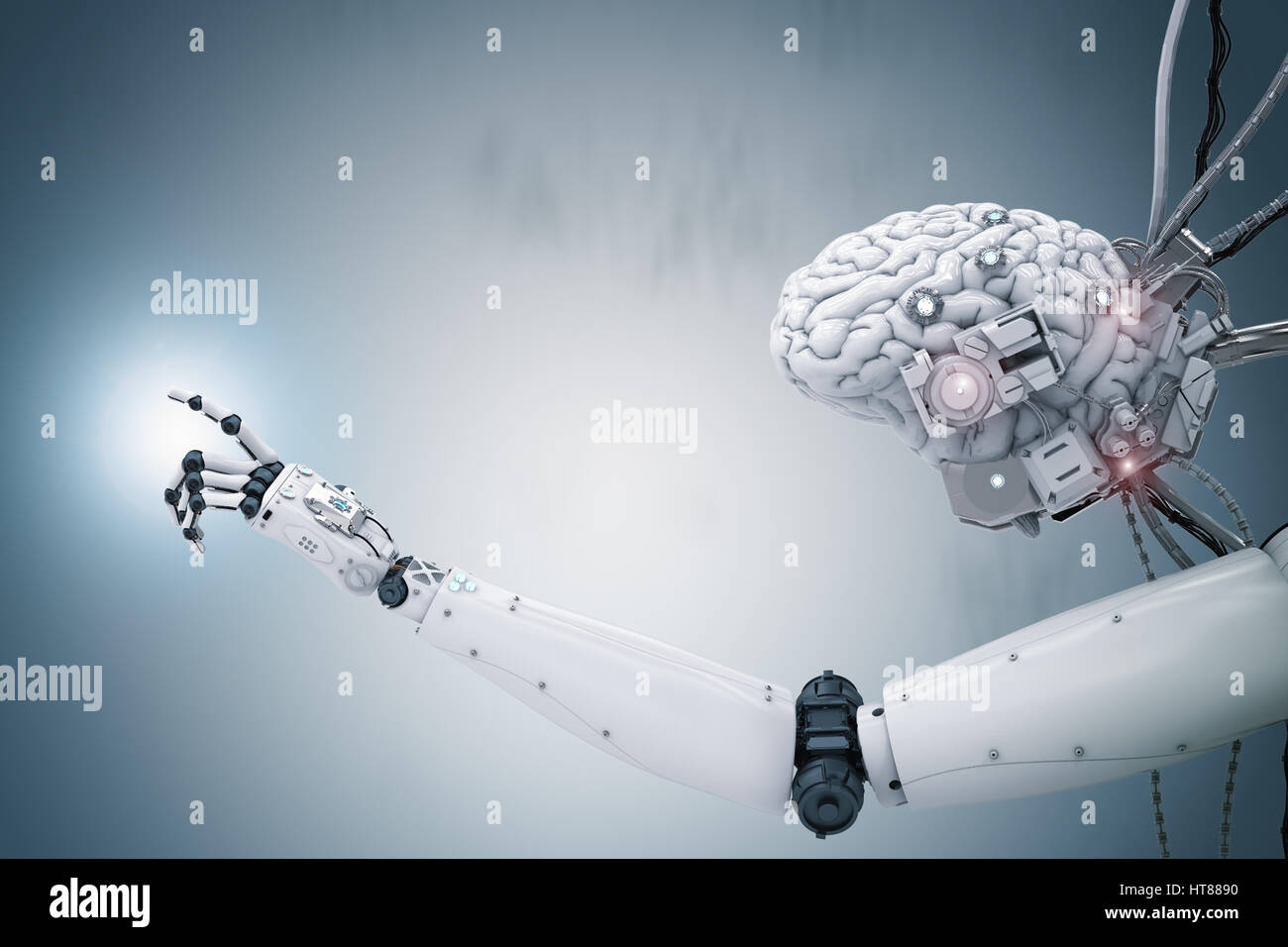 3d rendering cyborg brain working and hand pointing Stock Photo - Alamy