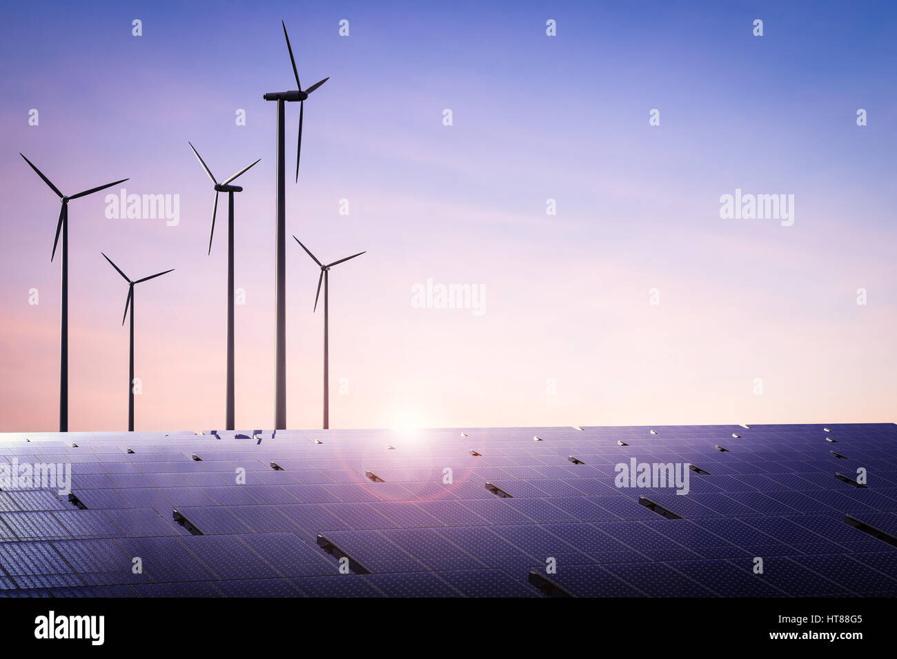alternative energy concept with 3d rendering wind turbines and solar ...