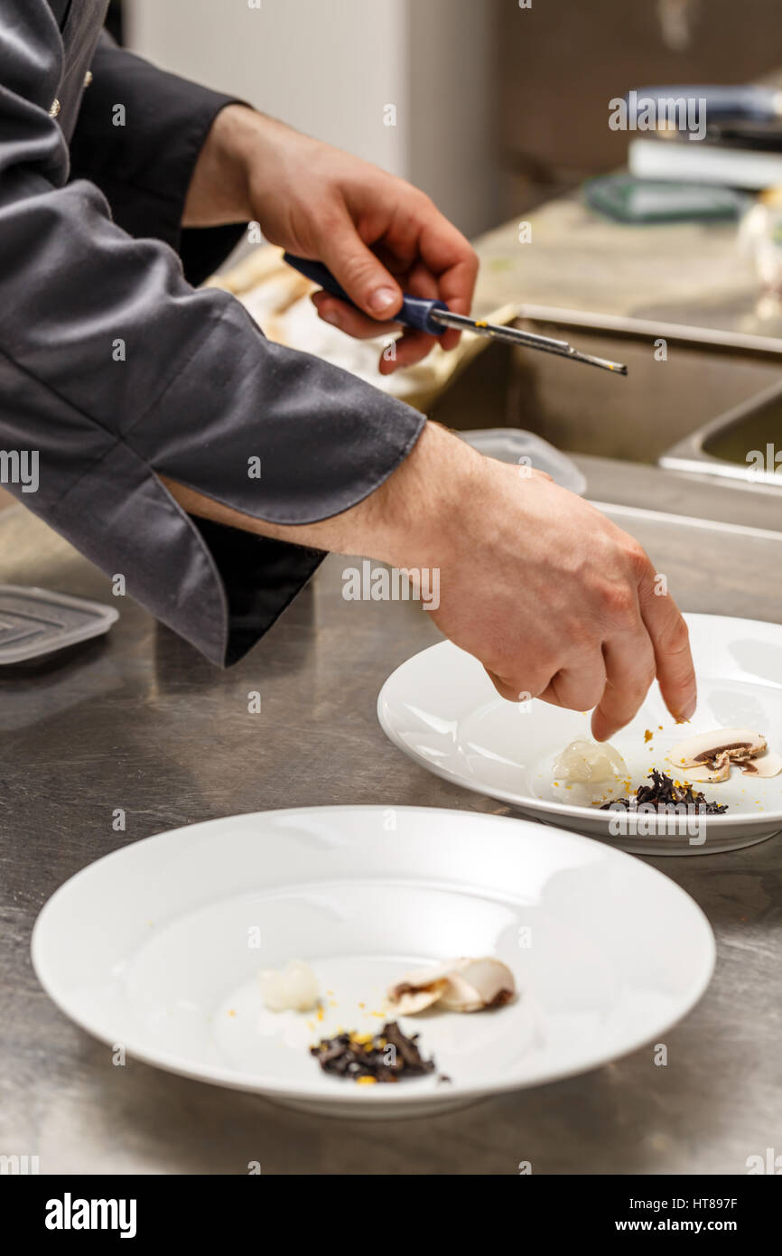Chef making a lunch dish in restaurant kitchen Stock Photo - Alamy
