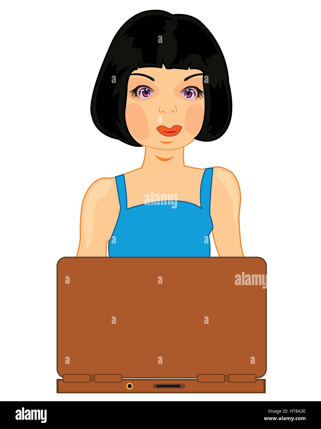 Making look younger attractive girl brunette sits for computer Stock ...