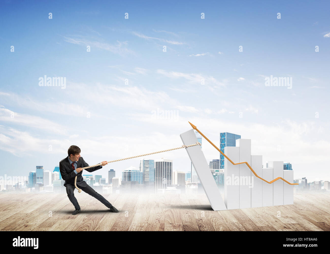 Man pulling with effort big pulling rope graph, as a symbol of ...