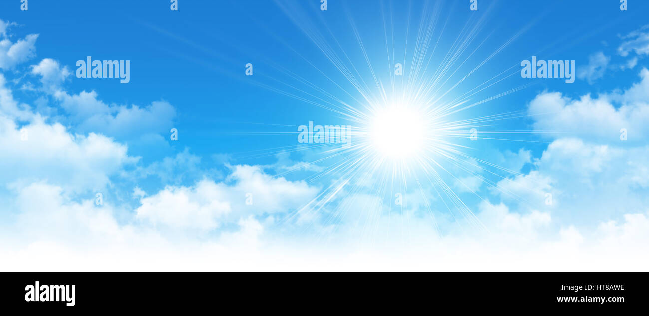 Early morning blue sky, shining sun rising up and breaking through ...