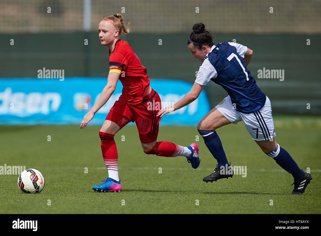 Anna Gerhardt of Germany L and Amy Gallacher of Scotland competes for ...