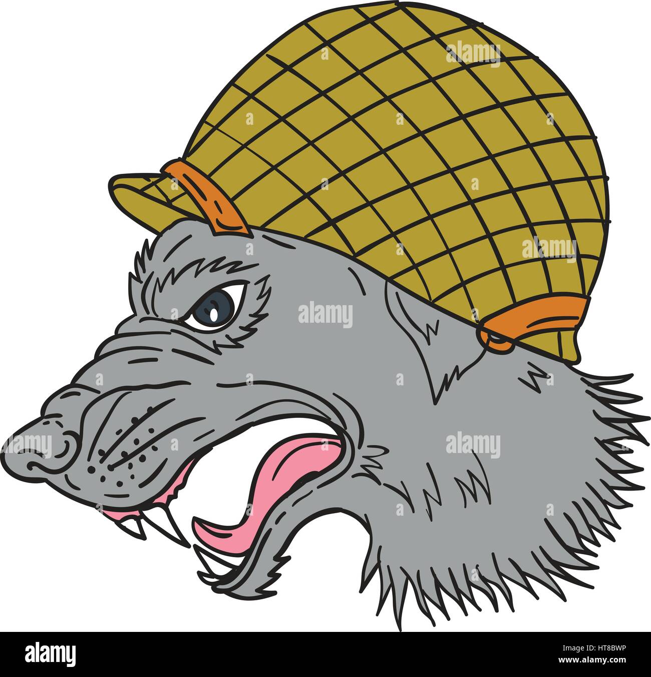 Drawing sketch style illustration of grey wolf head wearing world war ...