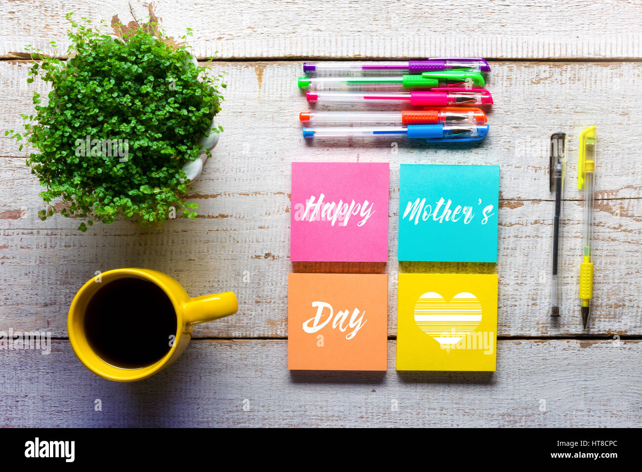 Happy Mother's day message written on colorful sticky notes, white ...