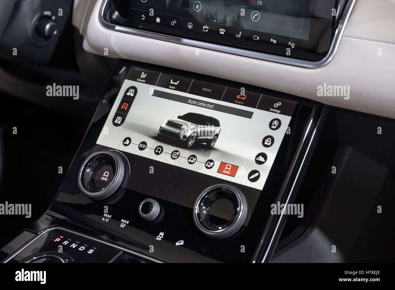 Detail of touchscreen control panel inside new Land Rover Velar luxury ...