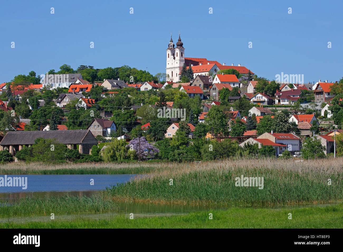 Tihany Abbey overlooks the town of Tihany on the Tihany Peninsula, Lake ...