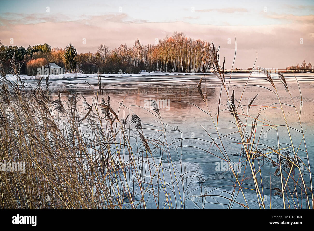 Winter landscape with beautiful reflection in the ice Stock Photo - Alamy