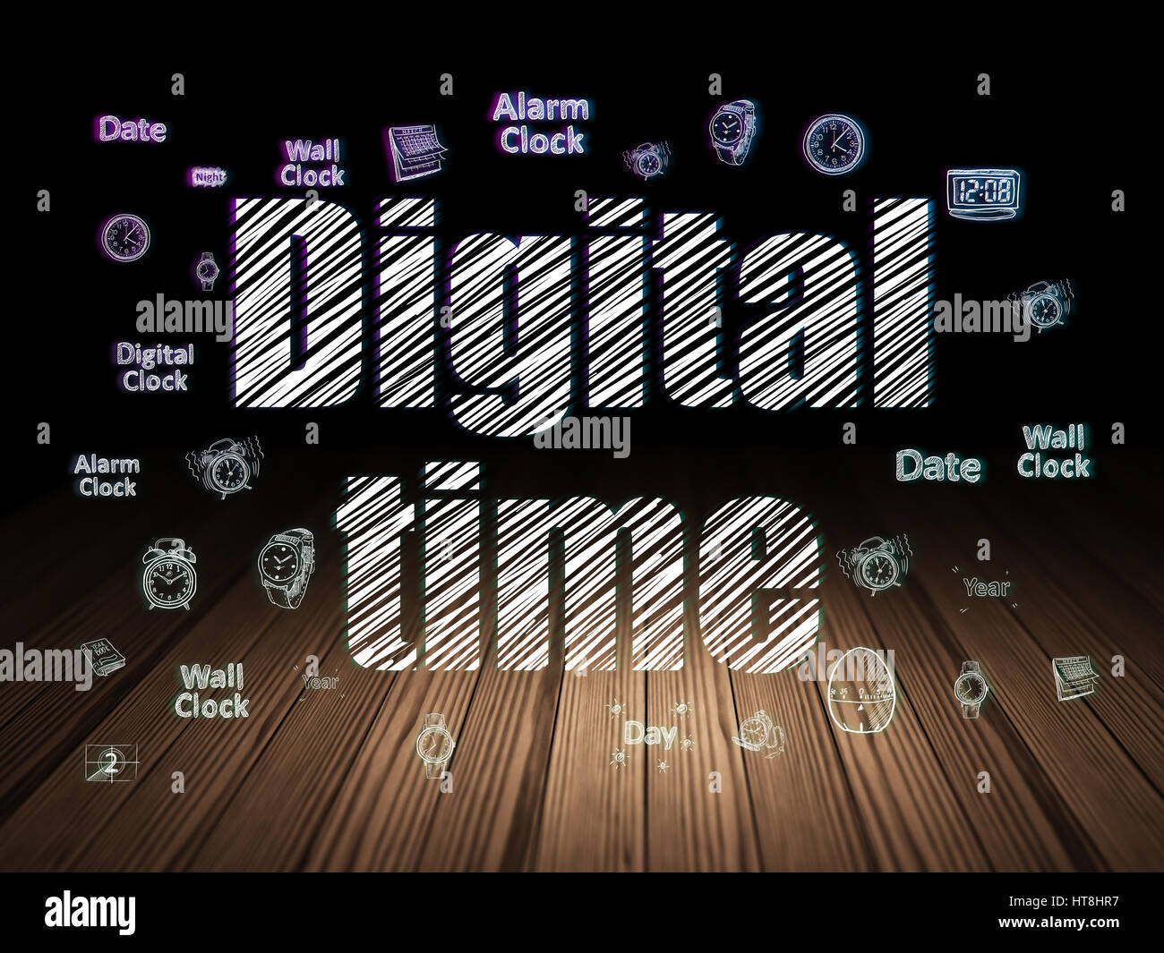 Timeline concept: Digital Time in grunge dark room Stock Photo - Alamy
