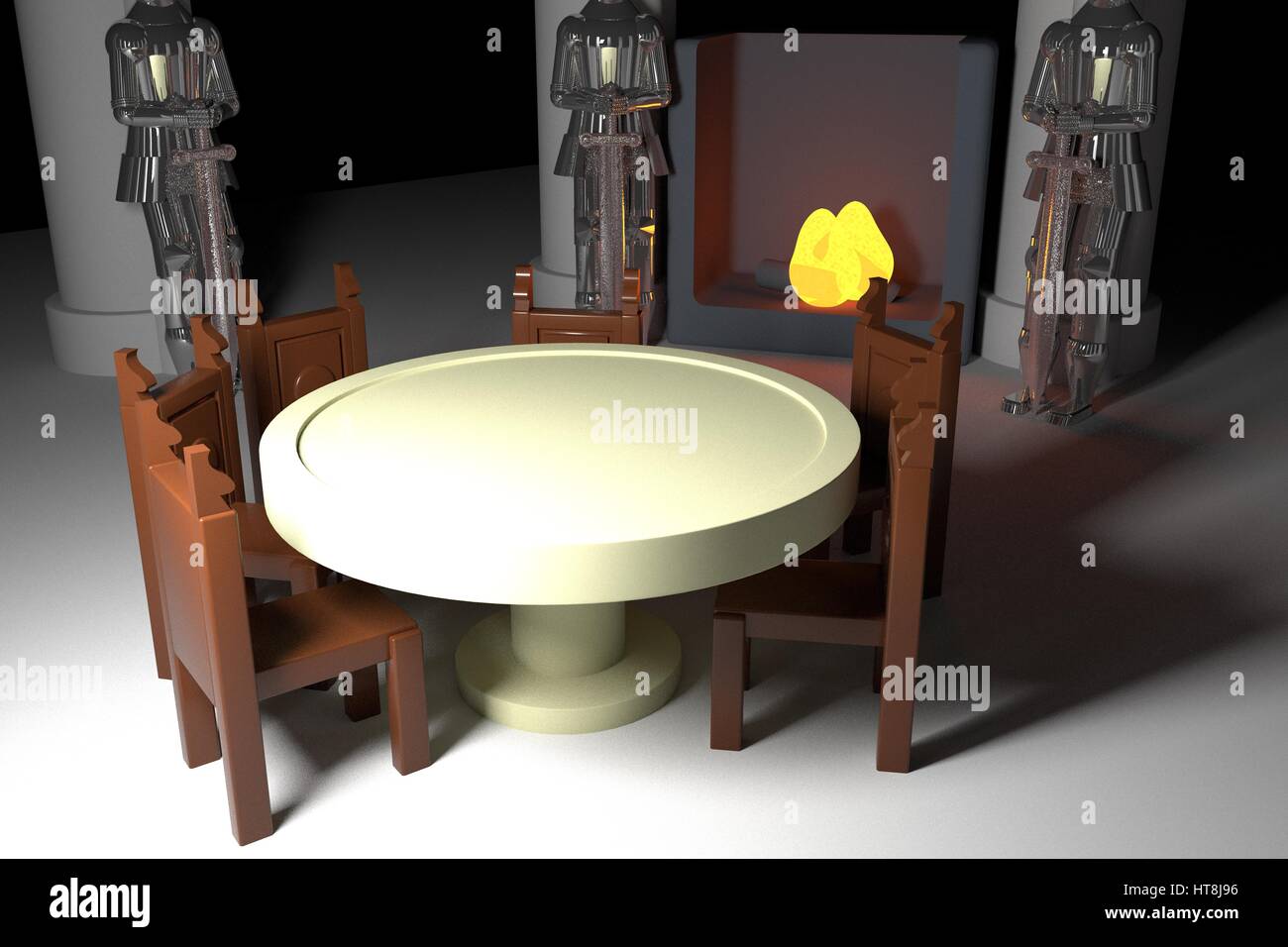 Round table with armors and fireside, 3d rendering Stock Photo - Alamy