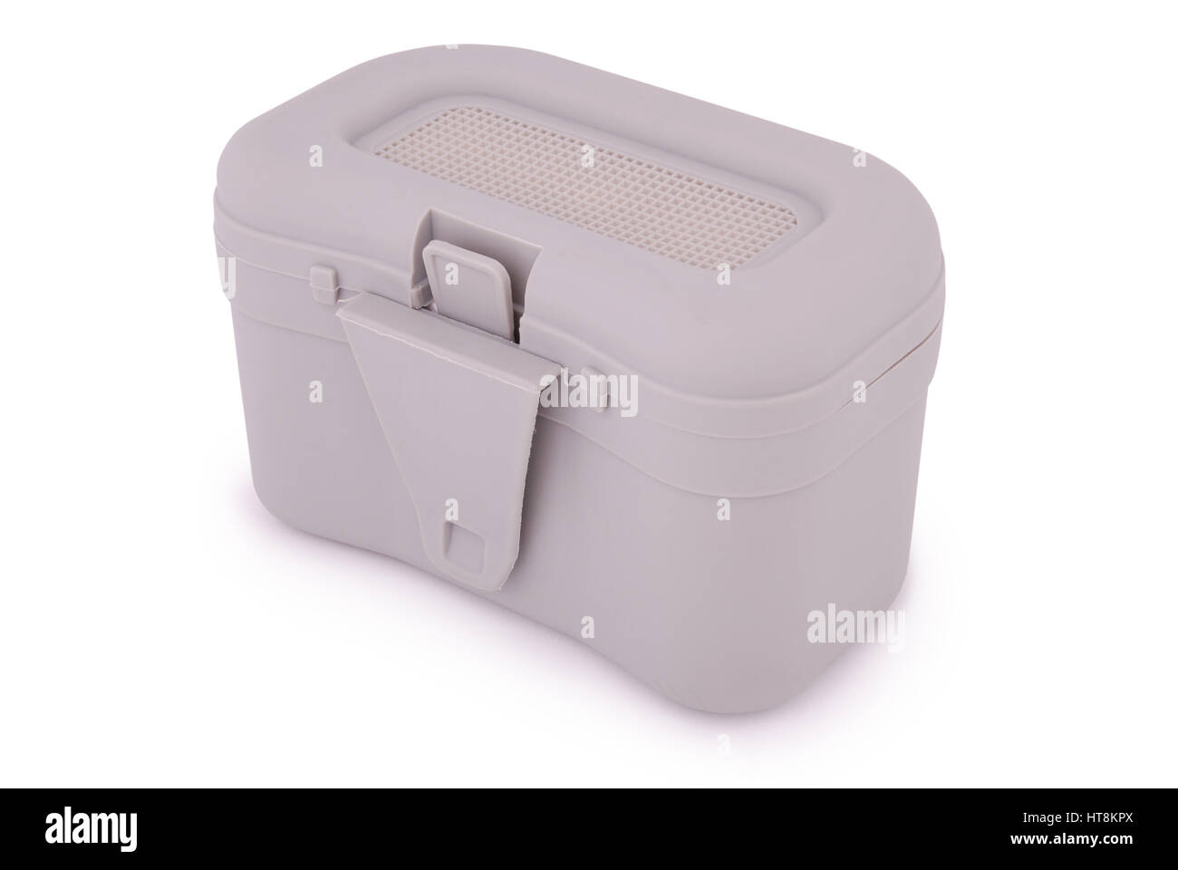 Gray tackle box for winter fishing isolated on a white background ...