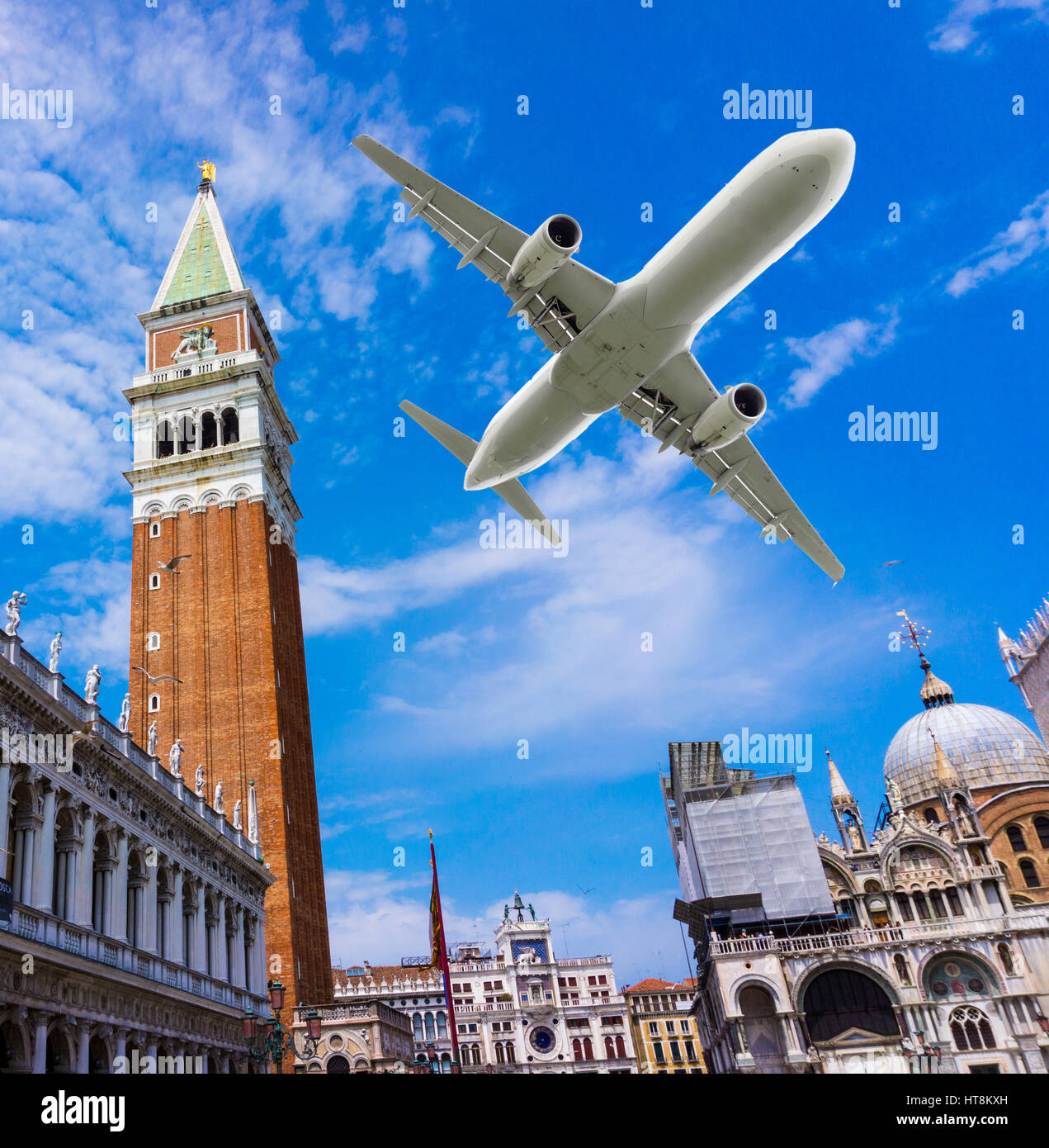 Piazza San Marko in Venice, Italy. San Marko cathedral. plane flying ...