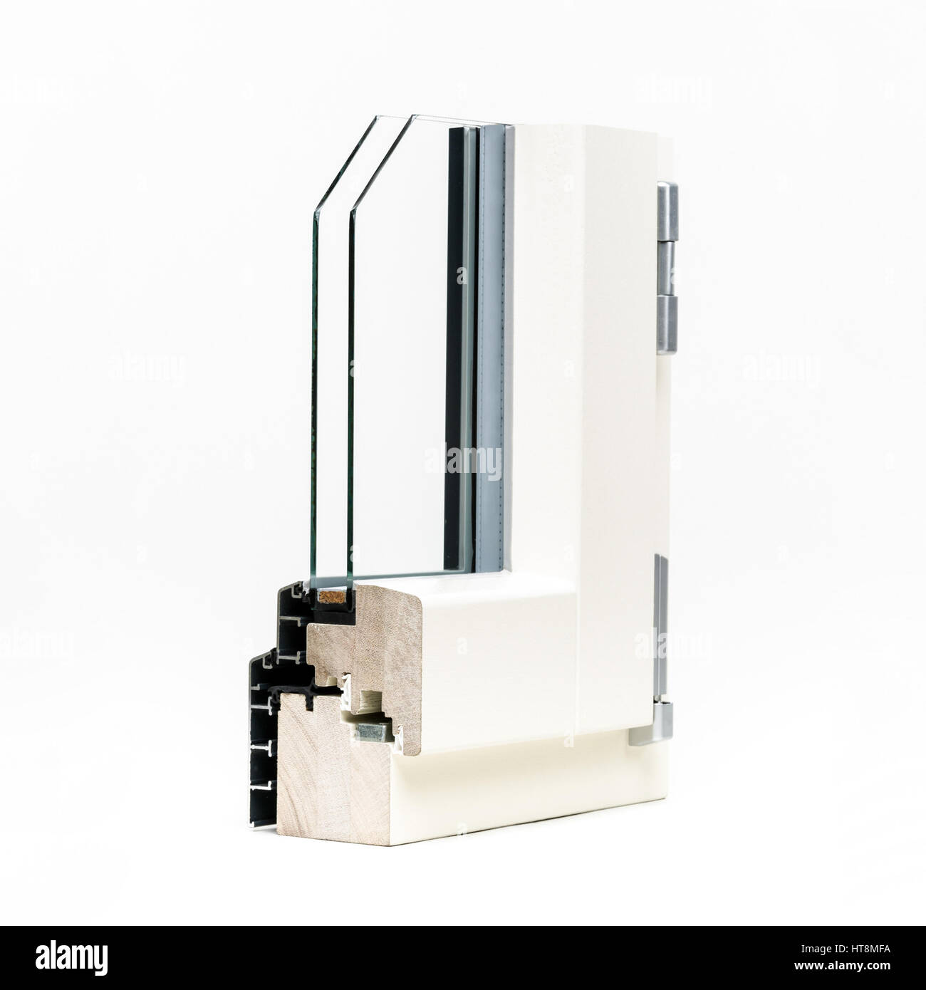 wooden window with aluminium wrap sample, isolated on white background ...