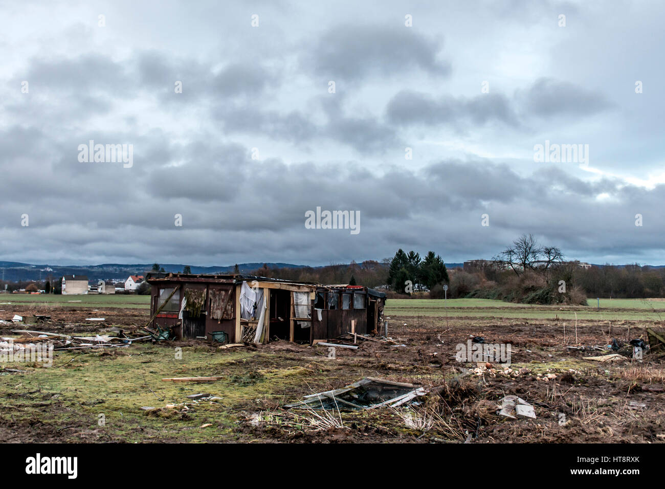 Old creepy dark abandoned destructive dirty house with broken windows ...