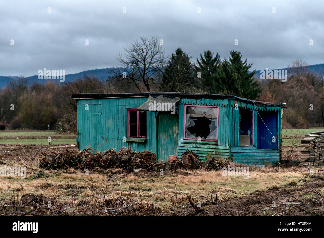 Old creepy dark abandoned destructive dirty house with broken windows ...