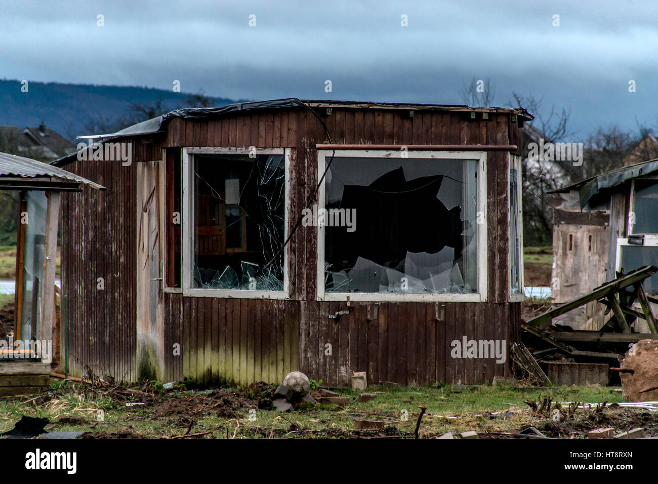 Old creepy dark abandoned destructive dirty house with broken windows ...