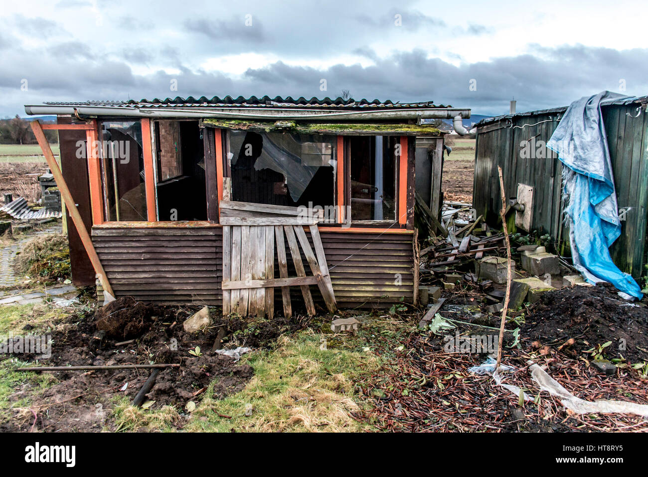 Old creepy dark abandoned destructive dirty house with broken windows ...