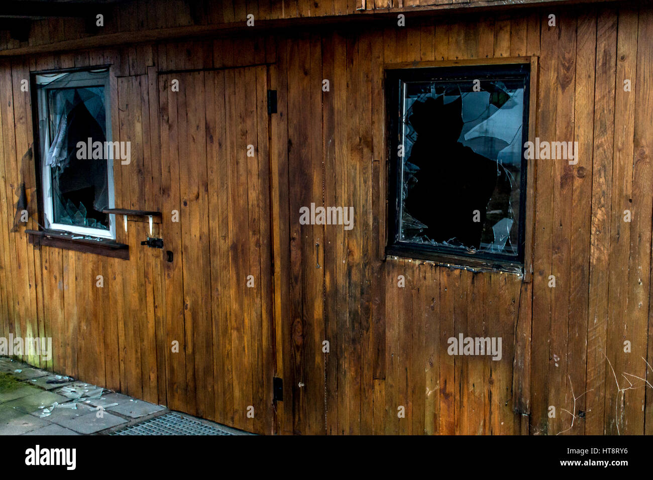 Old creepy dark abandoned destructive dirty house with broken windows ...
