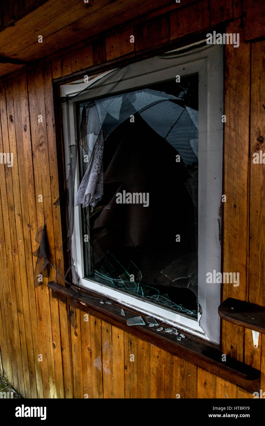 Old creepy dark abandoned destructive dirty house with broken windows ...