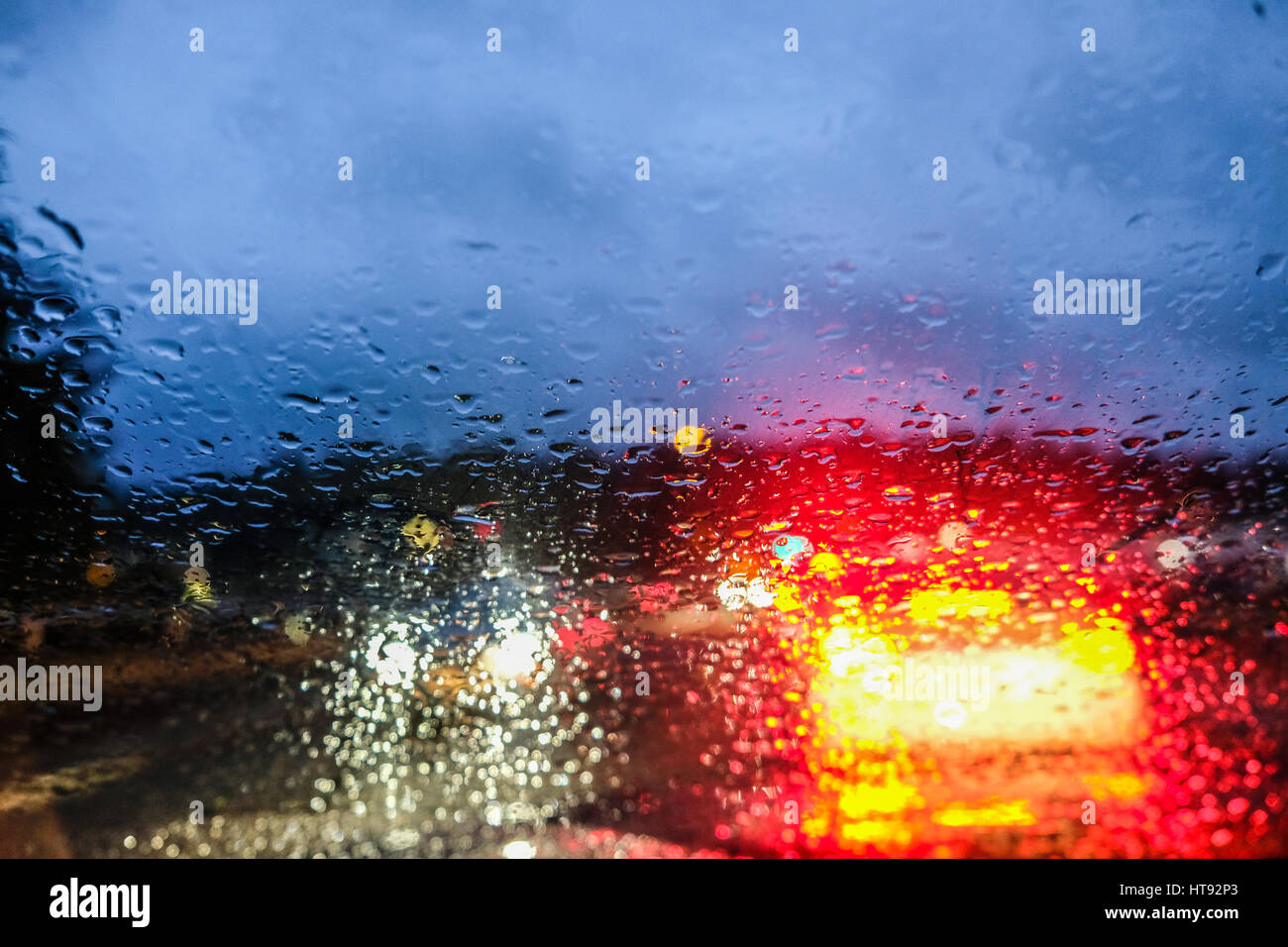 Night Traffic Lights Seen Through a Rain Blurred Car Windshield Stock ...