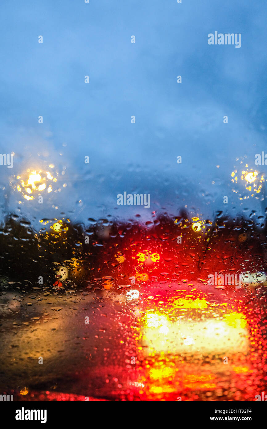 Night Traffic Lights Seen Through a Rain Blurred Car Windshield Stock ...
