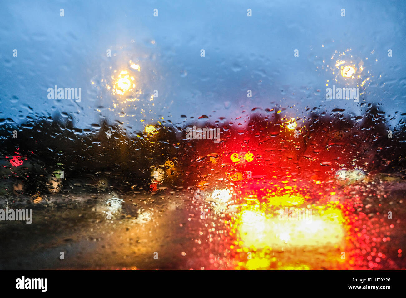 Night Traffic Lights Seen Through a Rain Blurred Car Windshield Stock ...