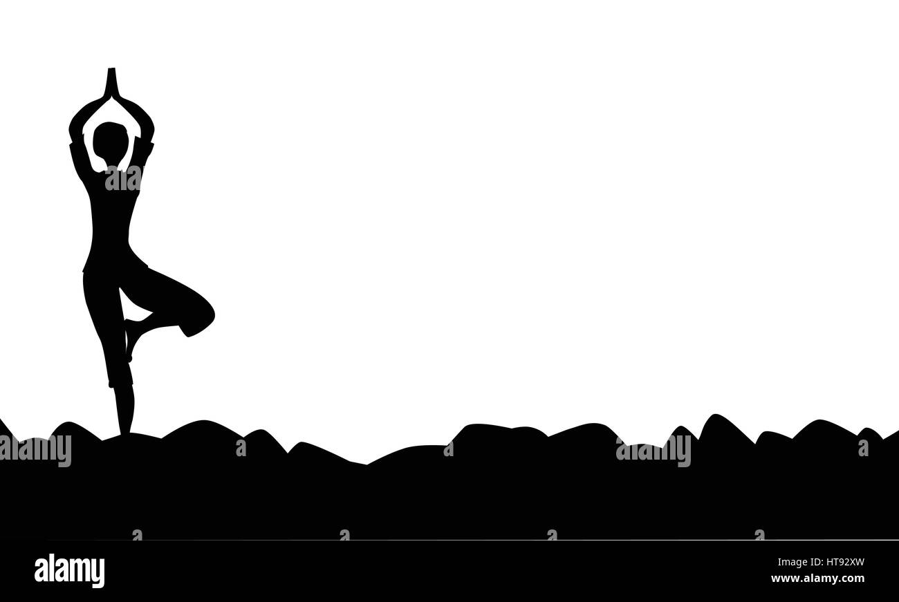 The tree asana being posed in silhouette over a white background Stock ...