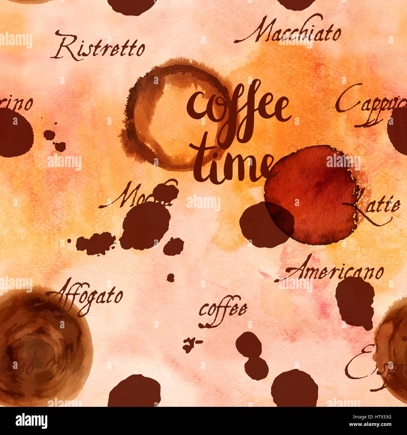 Coffee Time seamless background texture with words and stains Stock ...