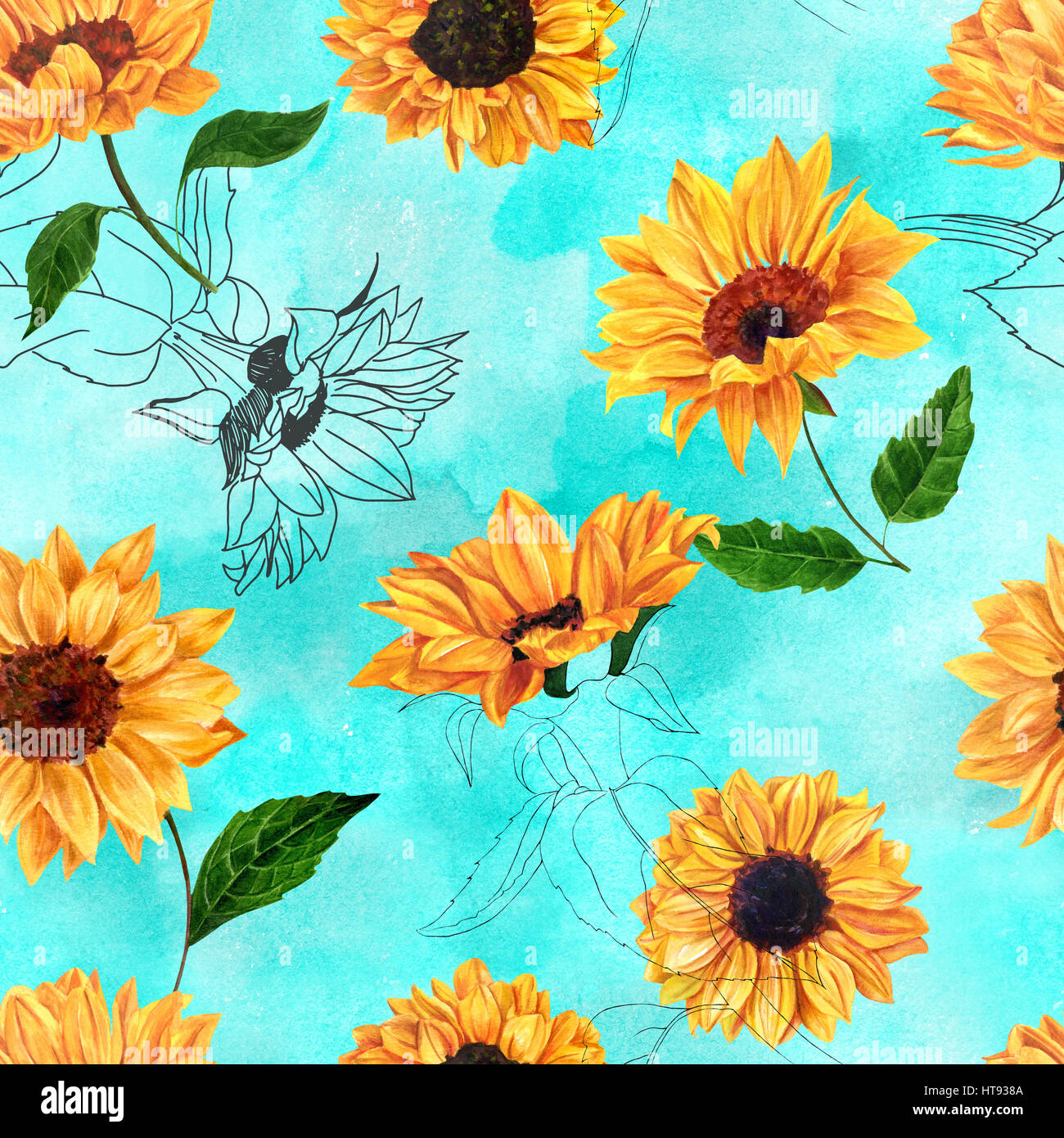 Seamless pattern with watercolor sunflowers on turquoise Stock Photo ...