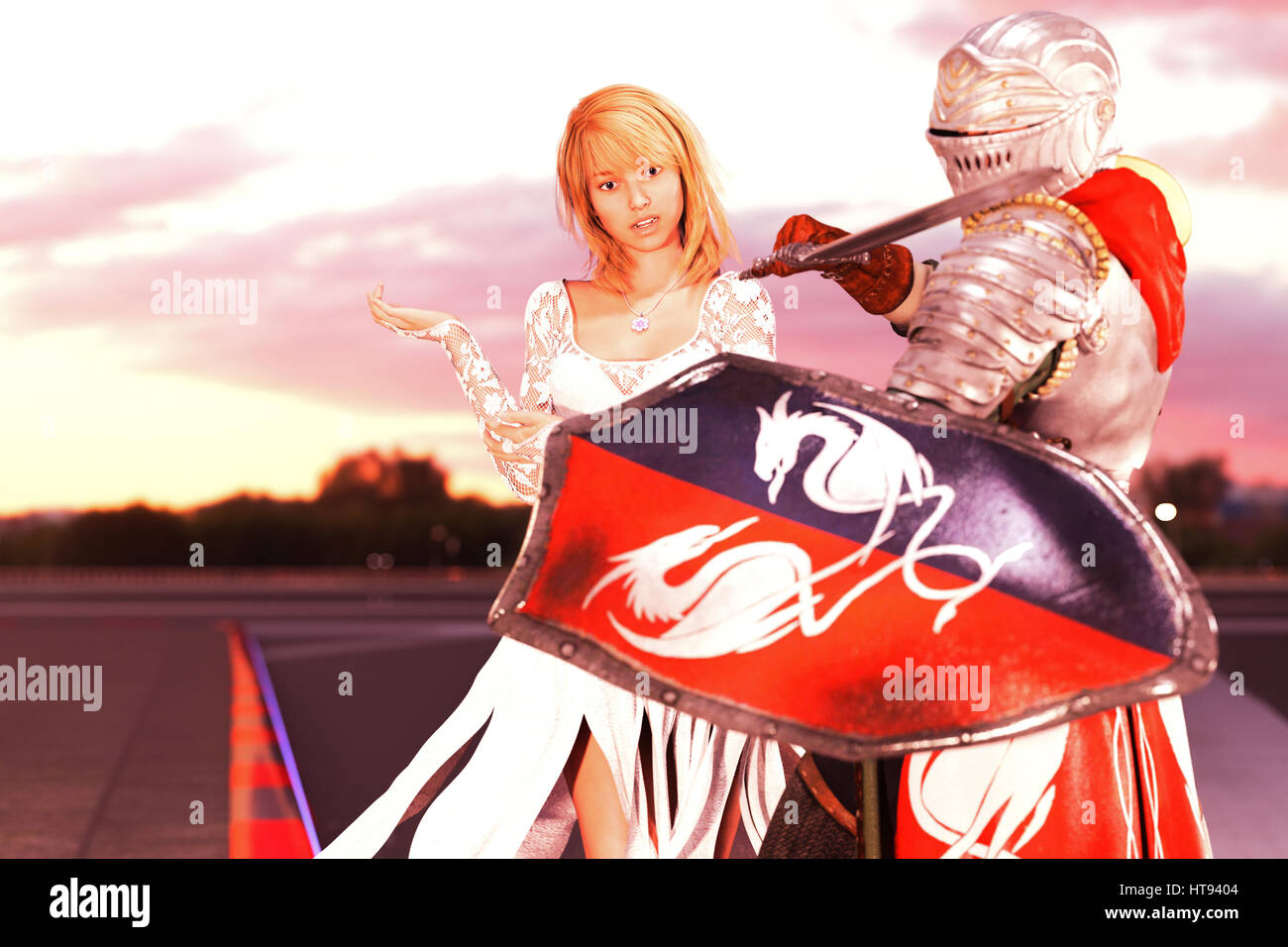 classic armed Knight gurding a dressed caucasian blond hair Lady Stock ...