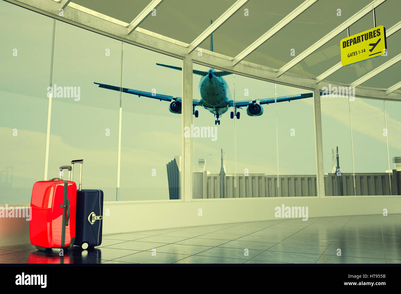 passenger plane flying over airport terminal - traveling luggage at ...