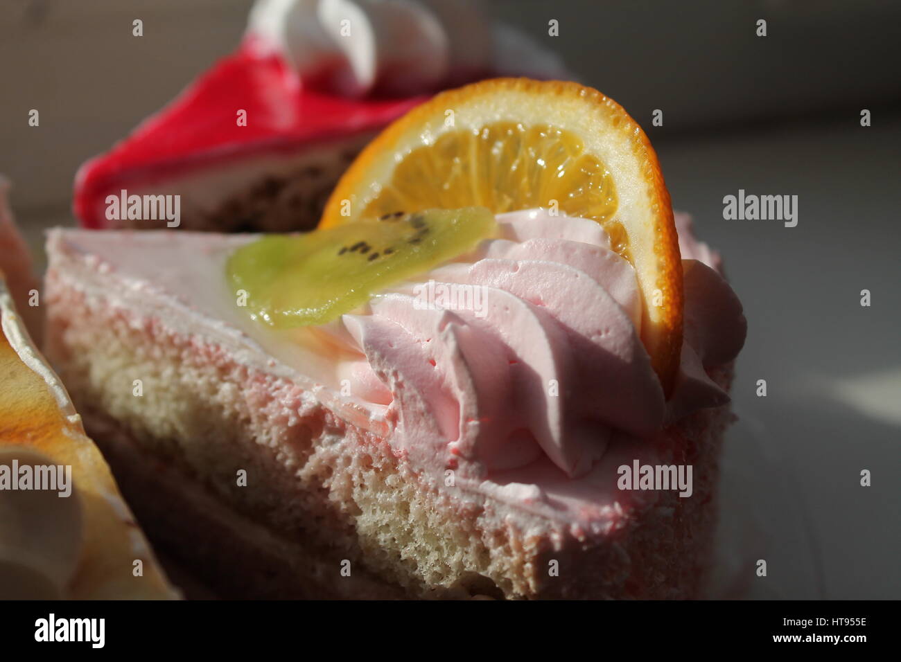 beautiful colorful cream cake with jelly and chocolate decorated fresh ...