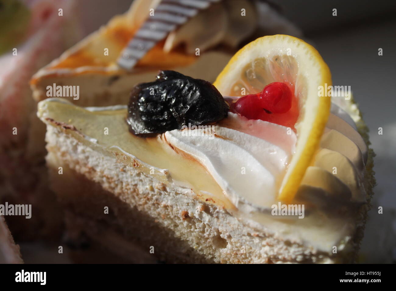 beautiful colorful cream cake with jelly and chocolate decorated fresh ...