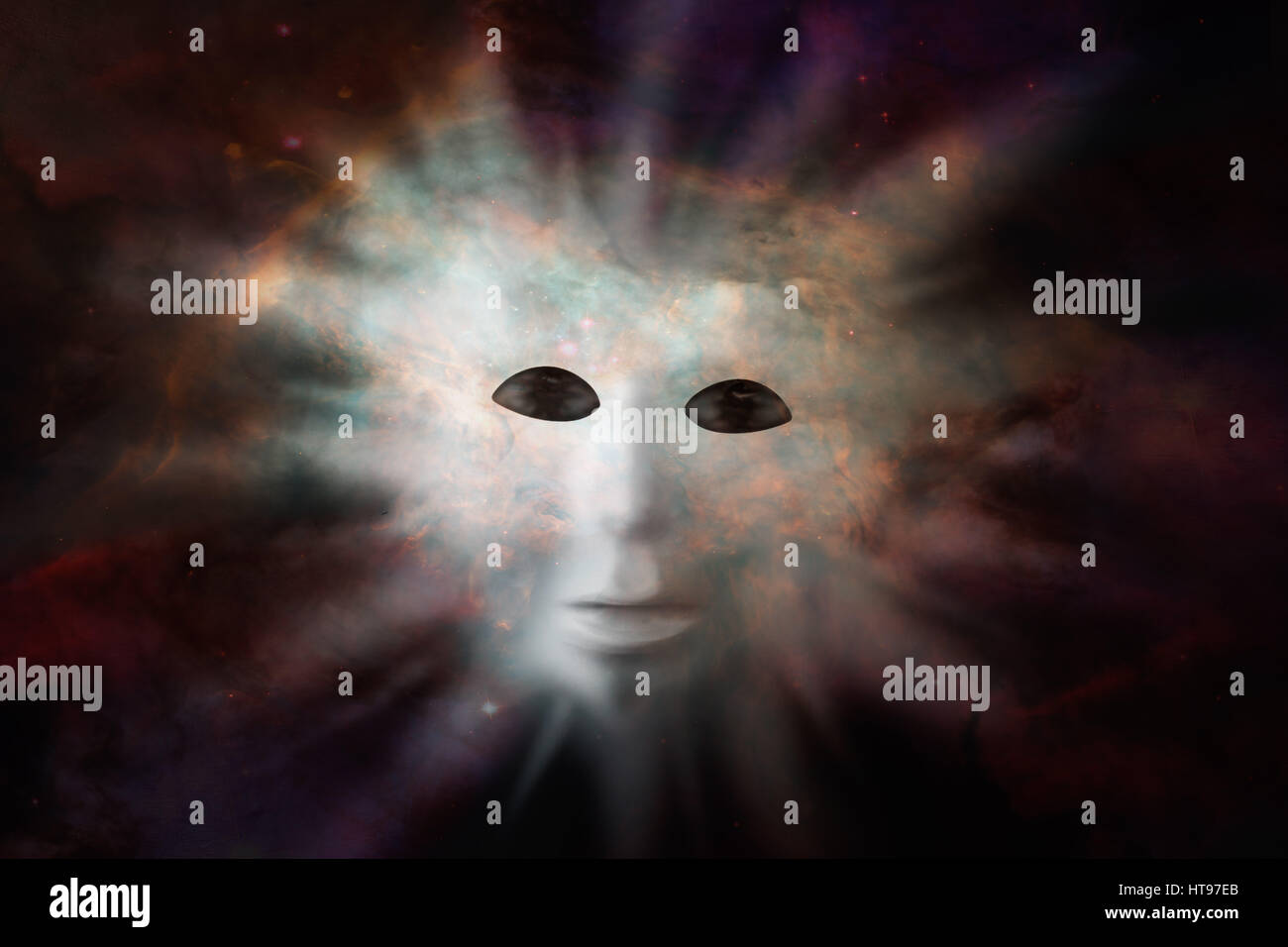 Human face mask protruding through fabric of space - extraterrestrial ...