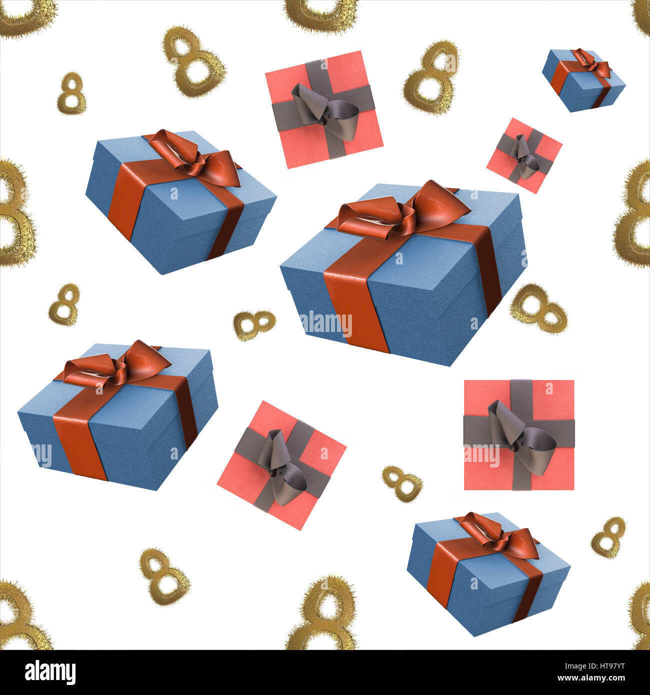 golden 8 numbers made by city blocks and flying gift boxes isolated on ...
