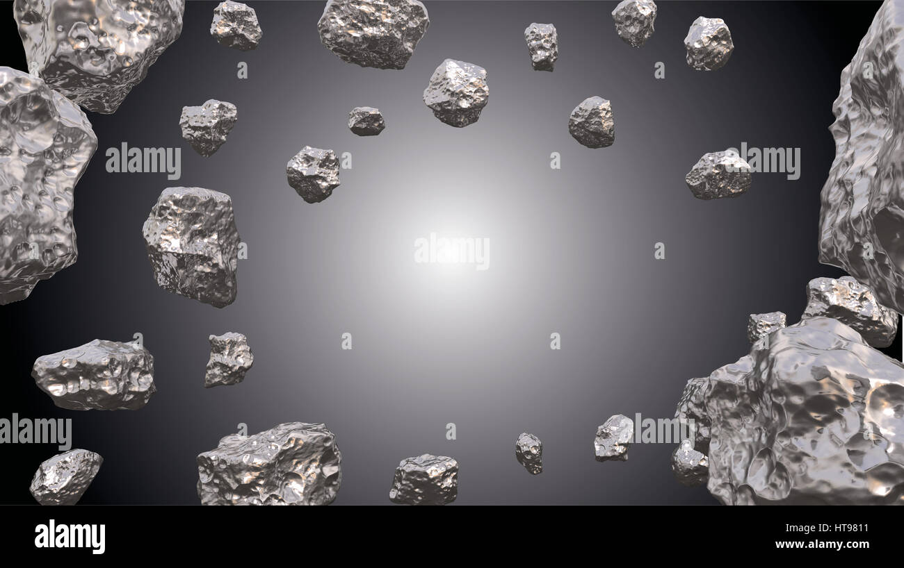 Abstract background in the space with silver asteroids. Copyspace ...