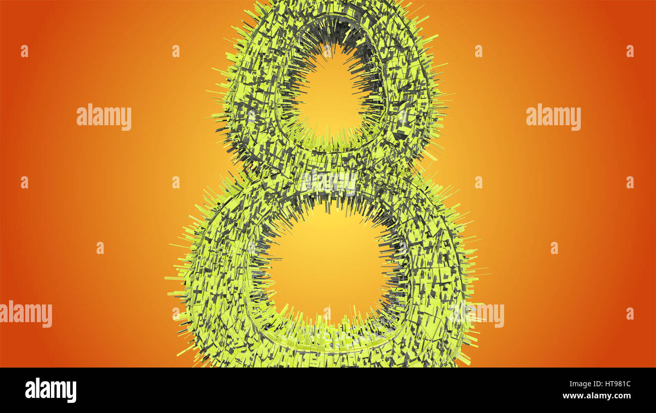 8 March symbol. Figure of eight made of green city blocks flying in the ...