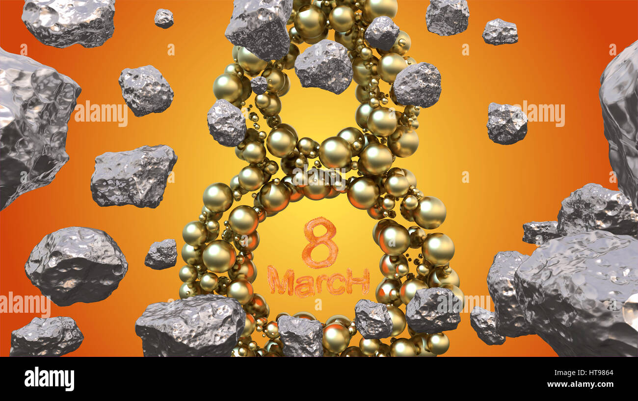 8 March symbol. Figure of eight made of golden spheres flying in the ...