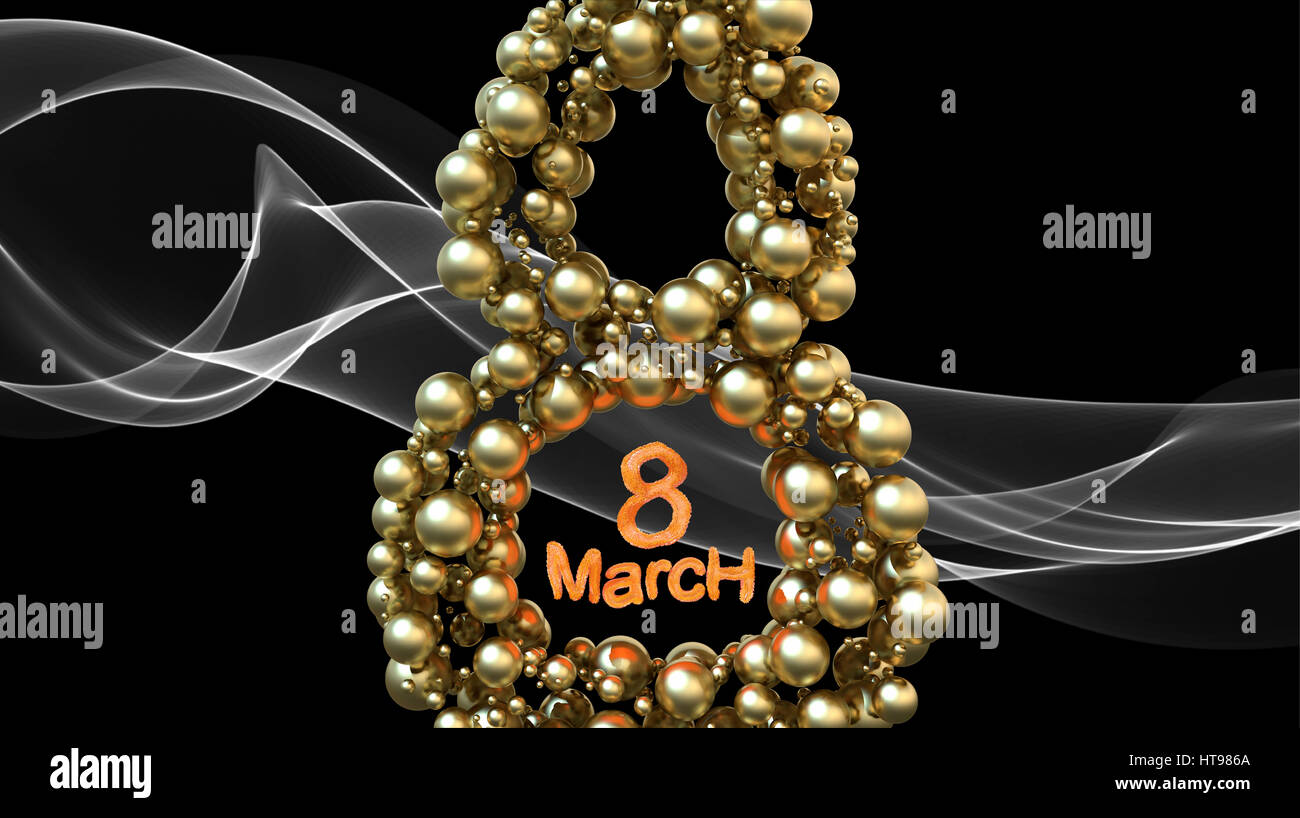 8 March symbol. Figure of eight made of golden spheres flying in the ...