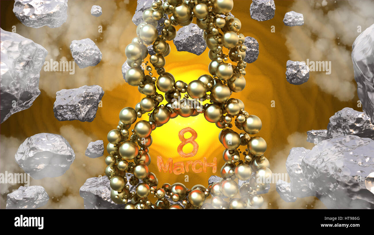 8 March symbol. Figure of eight made of golden spheres flying in the ...