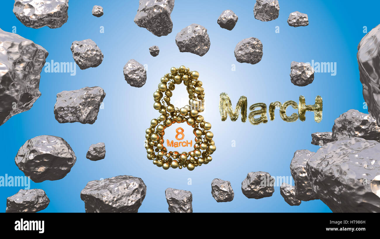 8 March symbol. Figure of eight made of golden spheres flying in the ...
