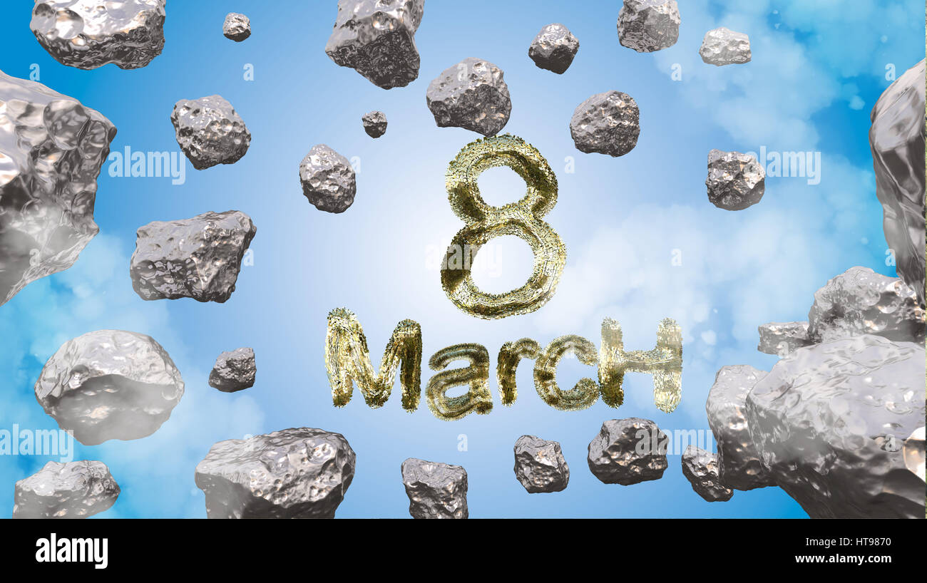 8 March symbol. Figure of eight made of gold city blocks or fur flying ...