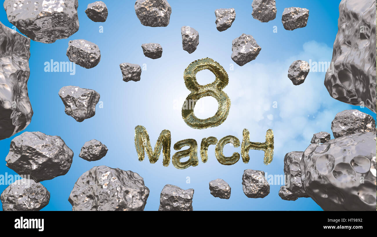 8 March symbol. Figure of eight made of golden city blocks or star ship ...