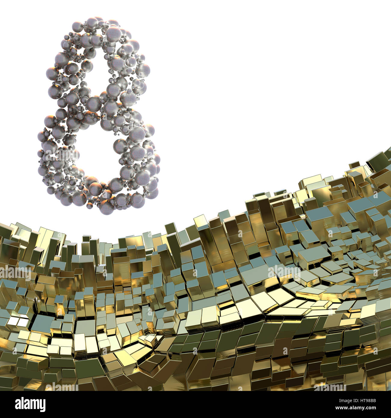 8 March word made of silver spheres flying in the space over abstract ...