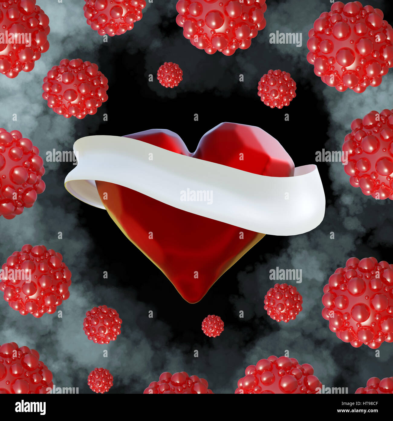 Flying red chopped heart with the white ribbon and the molecular ...