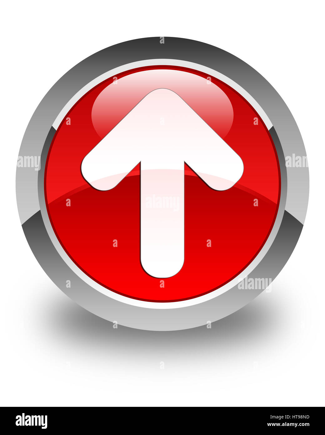 Upload arrow icon isolated on glossy red round button abstract ...
