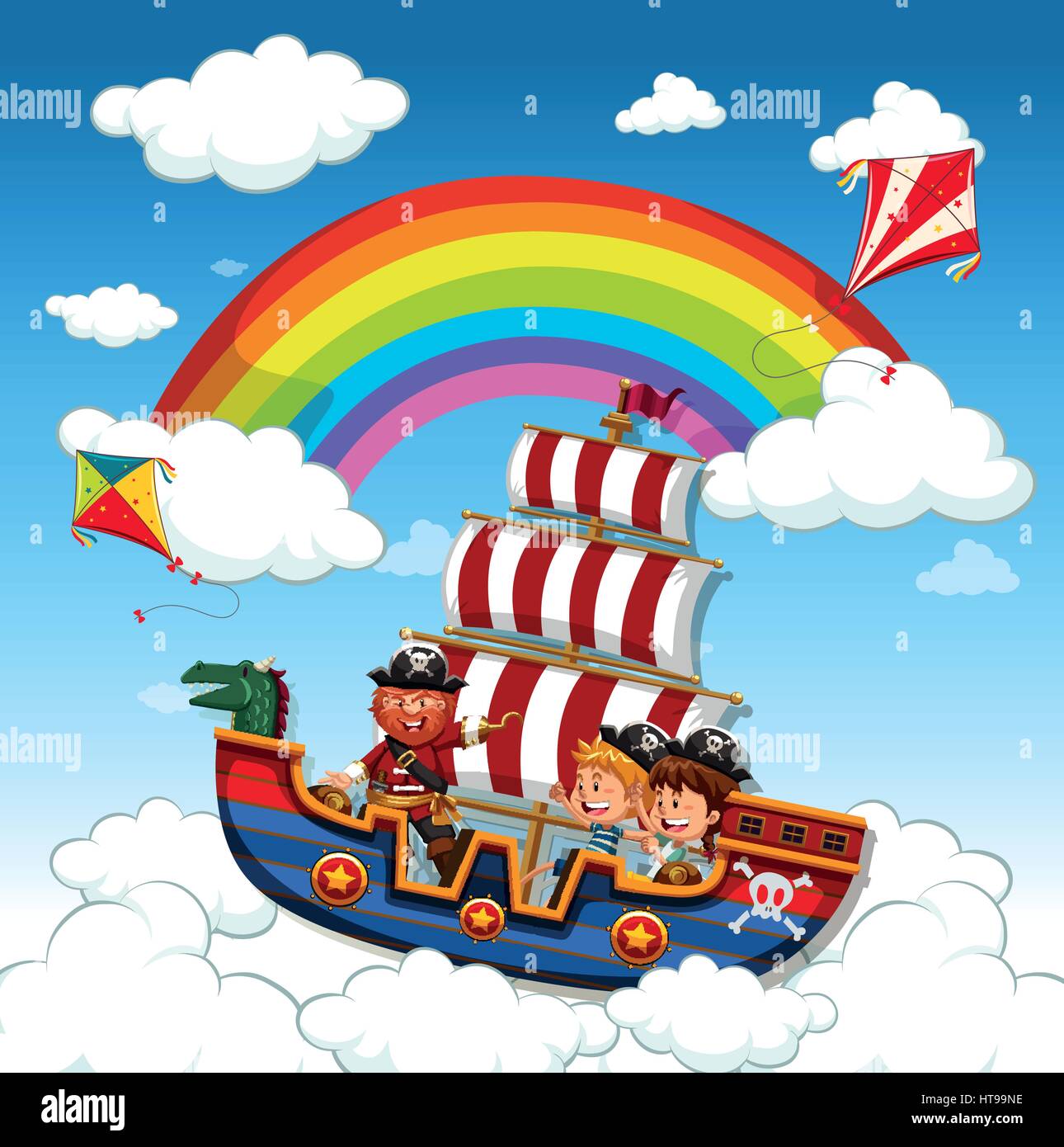 Children riding on viking ship in the sky illustration Stock Vector ...