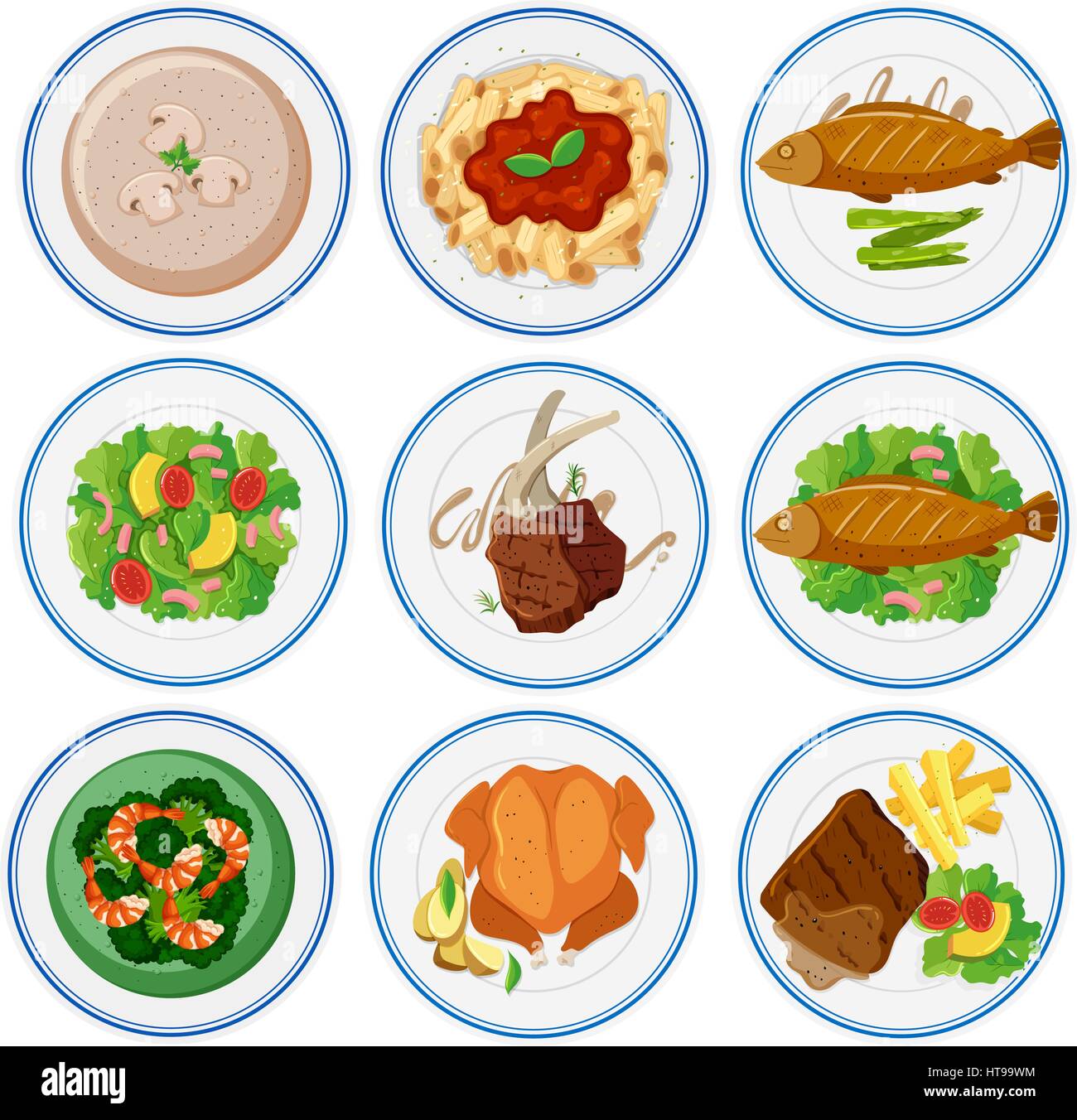 Different types of food on round plates illustration Stock Vector Image ...
